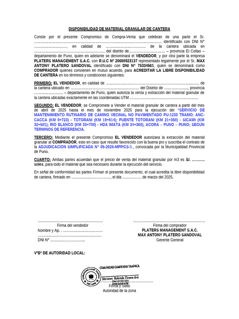 Formato de Compromiso de Venta de Material de Cantera As 05,06,07 | PDF