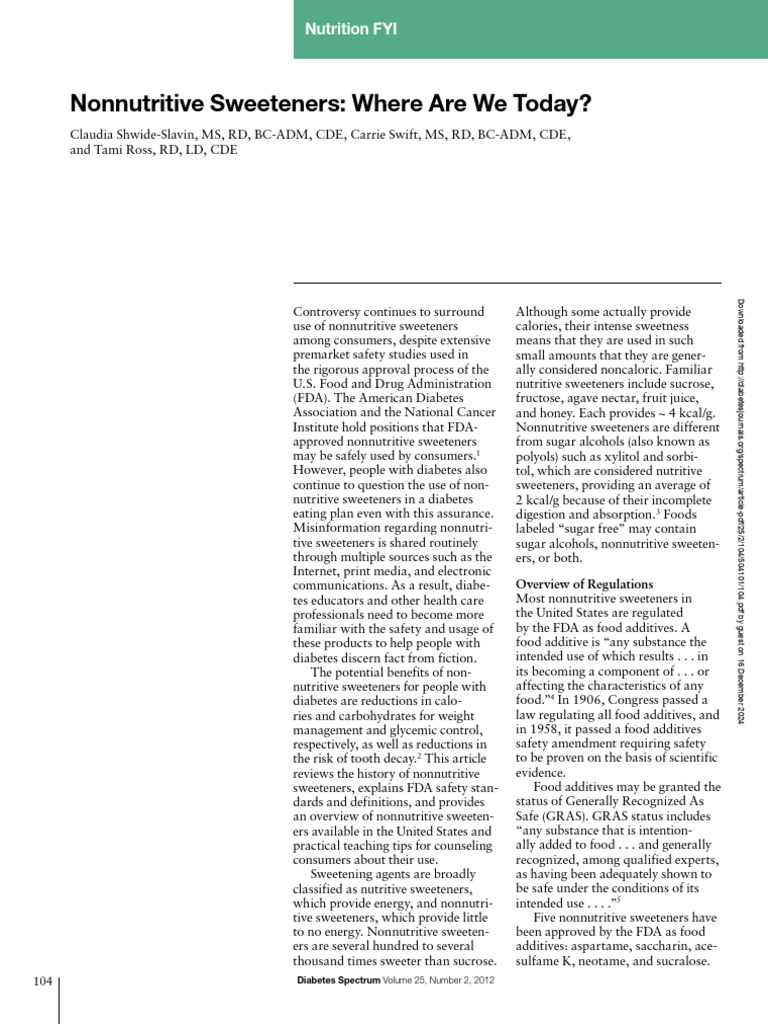 Non Nutritive Sweeteners Where Are We Today | PDF | Sugar Substitute | Fat