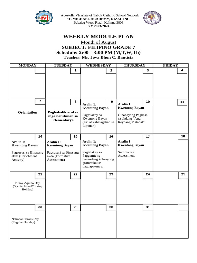 Weekly Module Plan Fil7 | PDF