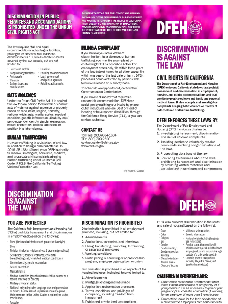 DFEH Discrimination Is Against The Law | PDF | Social Ethics | Justice