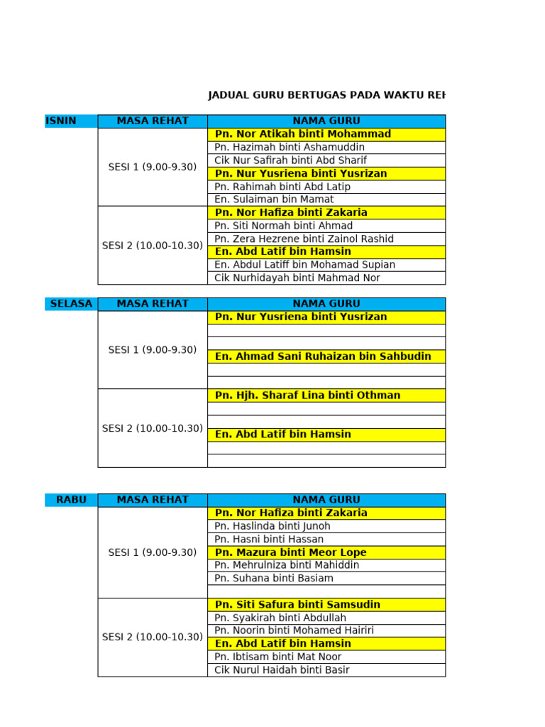 Jadual Bertugas Waktu Rehat Bulan Ramadhan | PDF