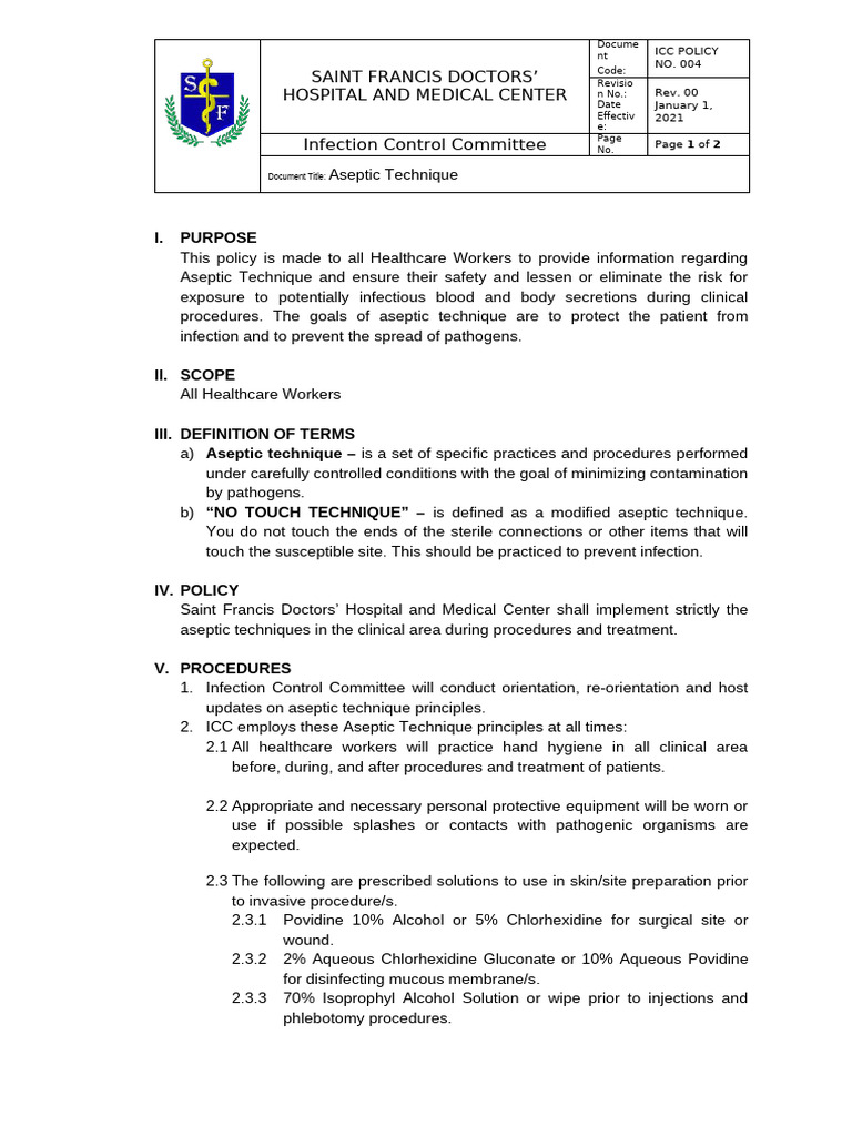 4-Aseptic Technique | PDF | Medical Specialties | Clinical Medicine