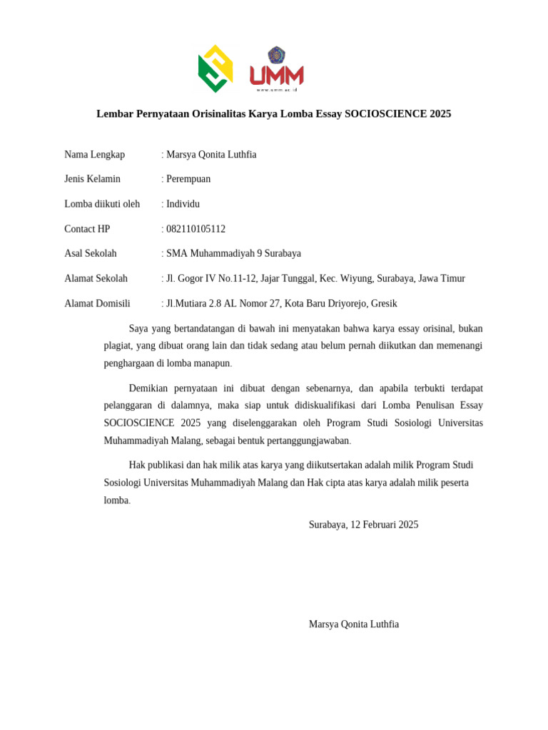 Lembar Pernyataan Orisinalitas Karya Lomba Essay SOCIOSCIENCE 2025 | PDF