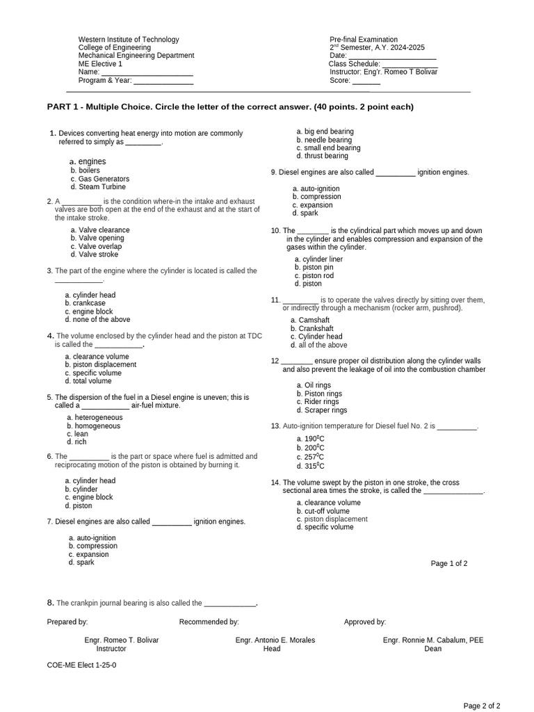 ME Elective 1 Pre Final Exam 2024 25 | PDF | Internal Combustion Engine ...