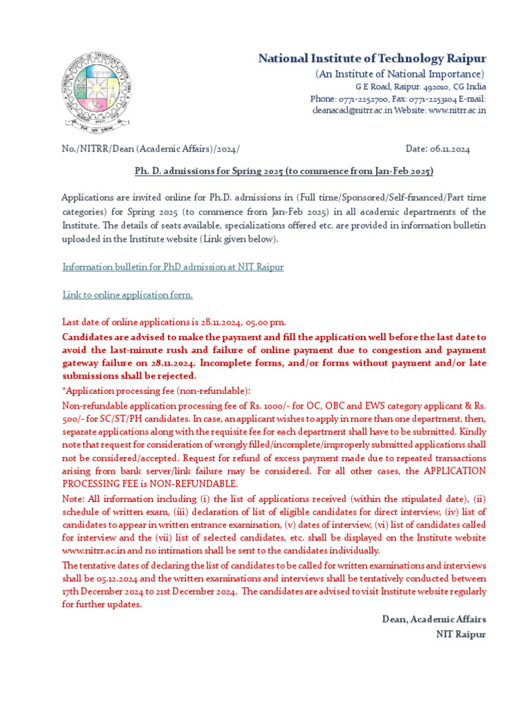 Applications Invited For Admission To PHD Programme in Autumn 2024-25 ...