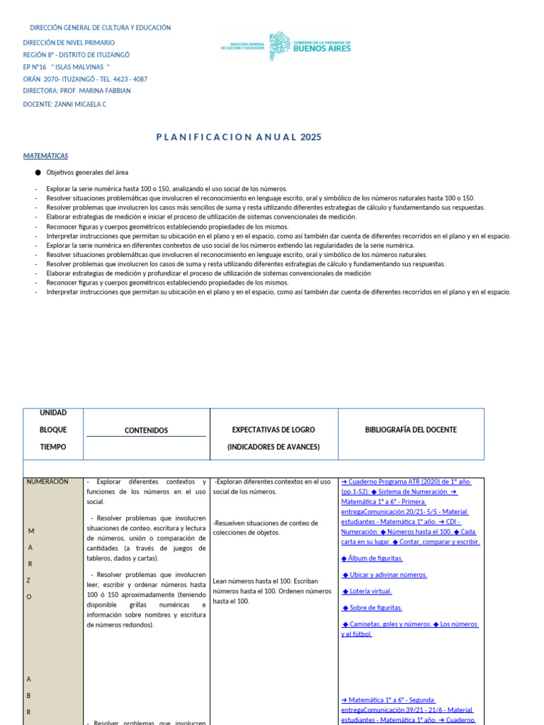 Planificación Matemática 1° Grado 2025 | PDF | Geometría | Educación ...