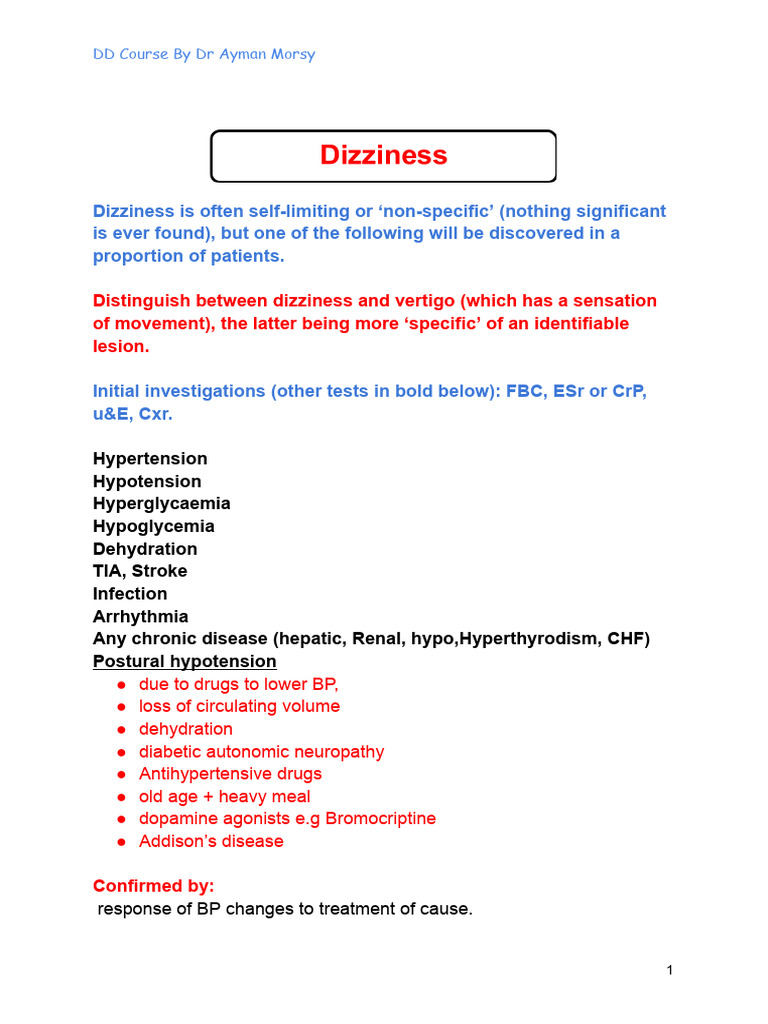Dizziness and Vertigo DD | PDF | Vertigo | Diseases And Disorders