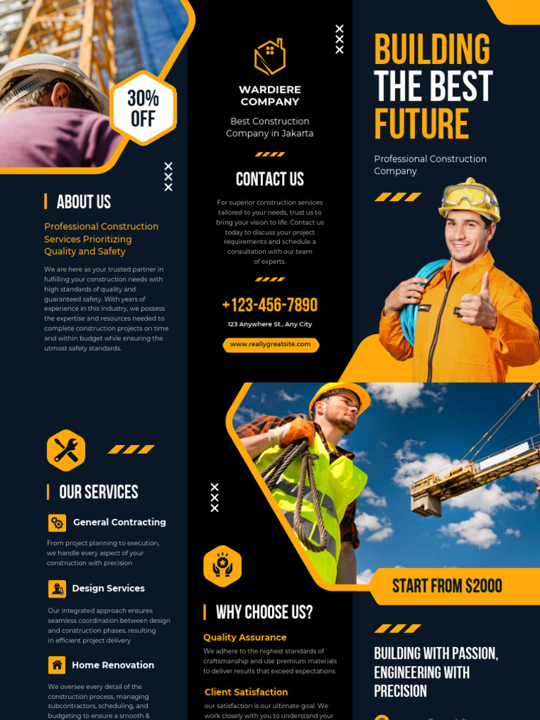 Dark Blue and Yellow Minimalist Construction Company Trifold Brochure ...