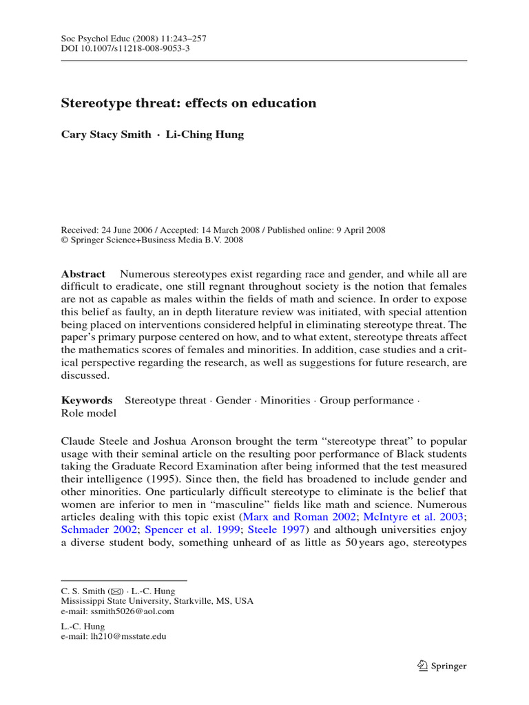 Stereotype Threat Effects On Education | PDF | Stereotypes | Experiment