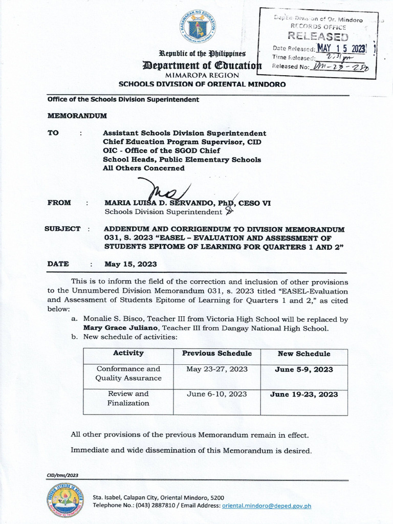 Addendum and Corrigendum To Division Memorandum 031, S. 2023 EASEL - Evaluation and Assessment ...