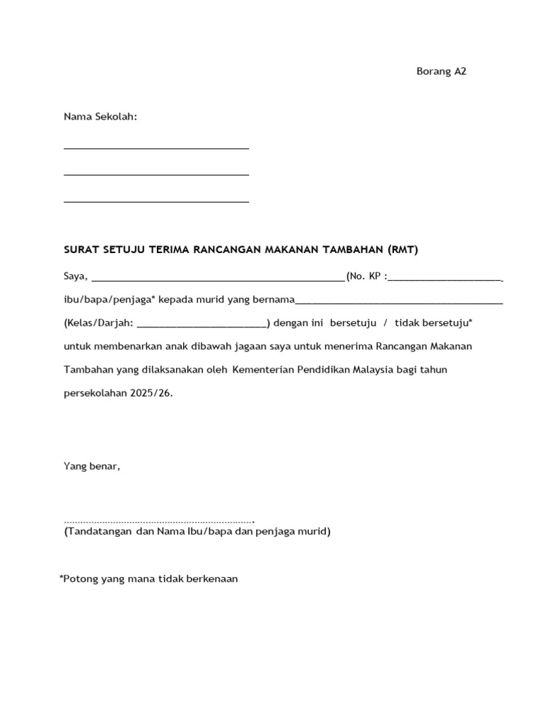 Surat Setuju RMT Sekolah 2025/26 | PDF
