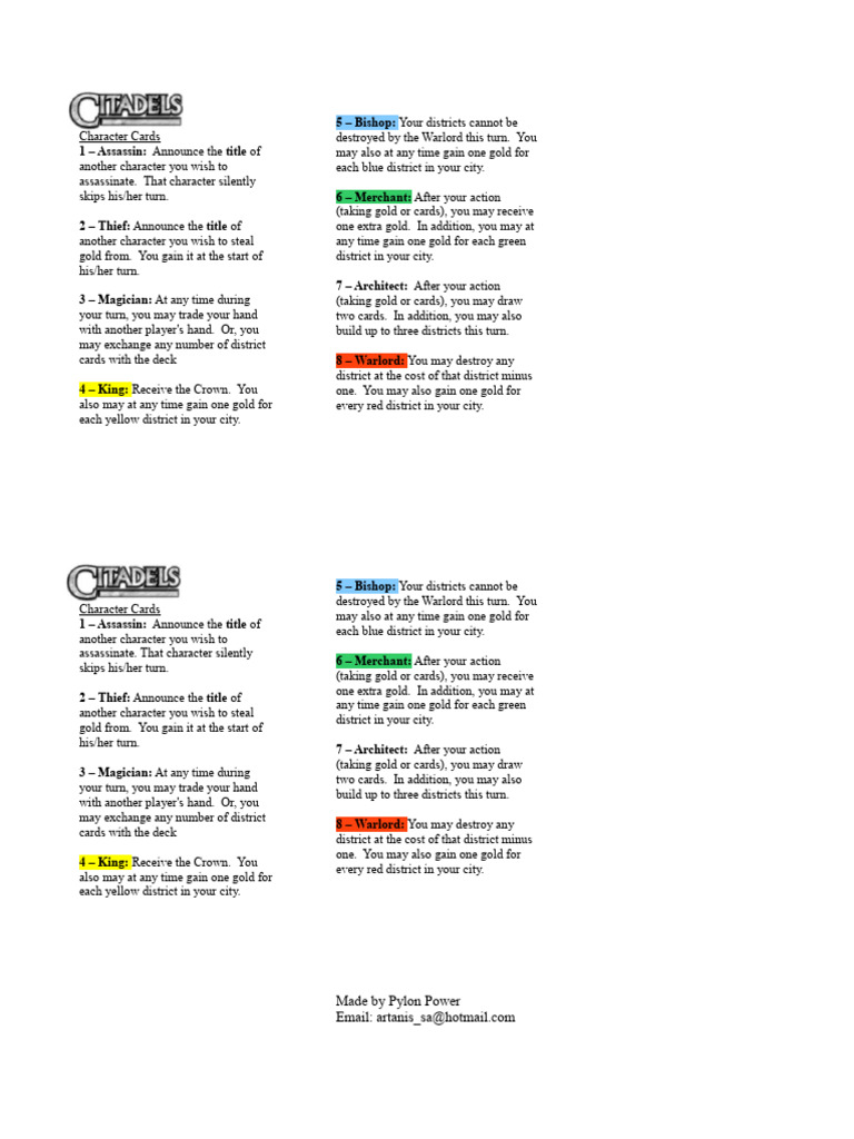 Citadels Character Cards Overview | PDF