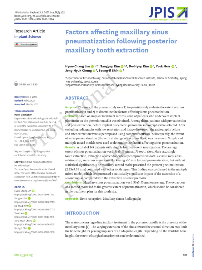 Factors Affecting Maxillary Sinus Pneumatization F | PDF | Dental ...