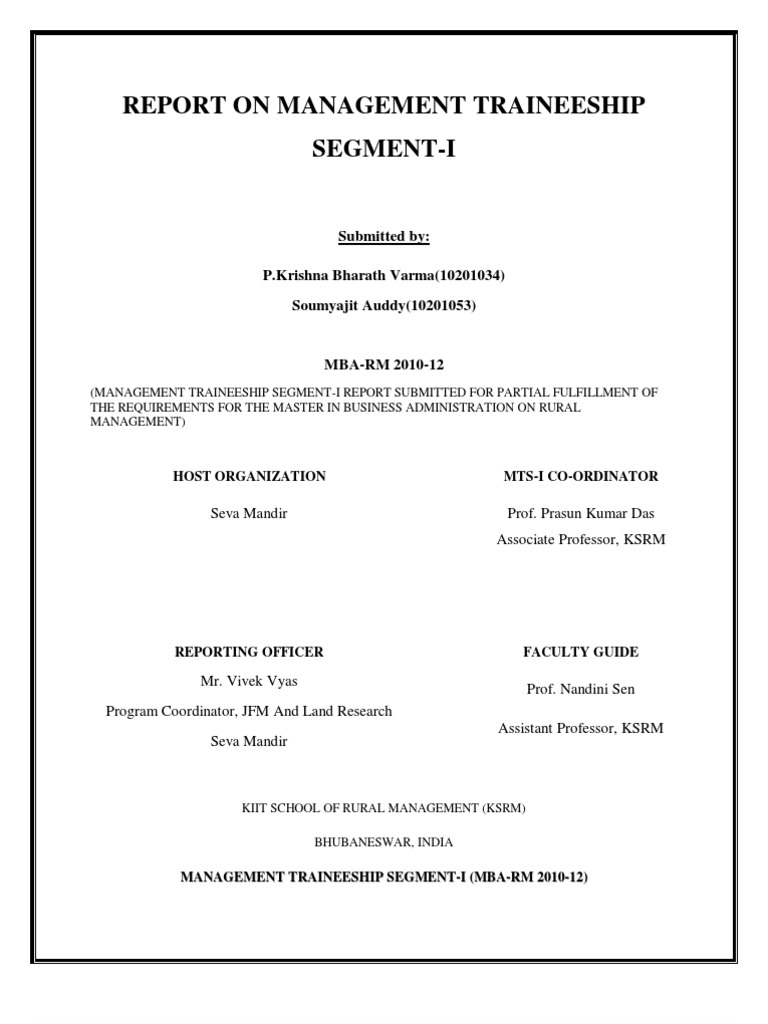 Report On Management Traineeship Segment-I: Submitted By: P.Krishna ...