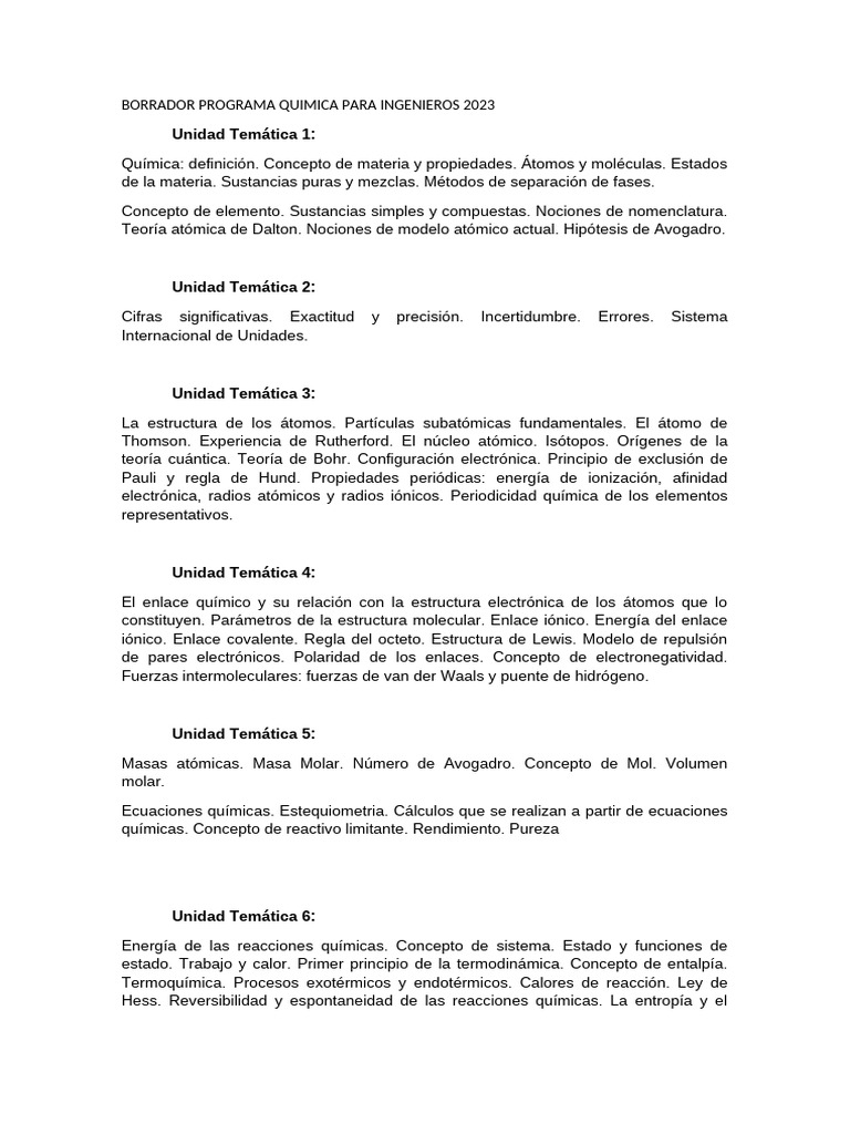 Borrador Programa Quimica para Ingenieros 2023 | PDF | Química | Equilibrio químico
