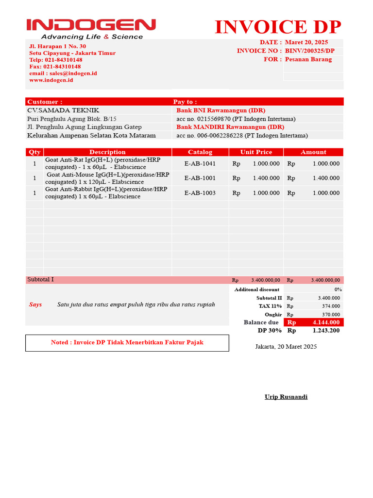 Invoice No. Binv.200325.Dp - CV Samada Tteknik | PDF | International ...