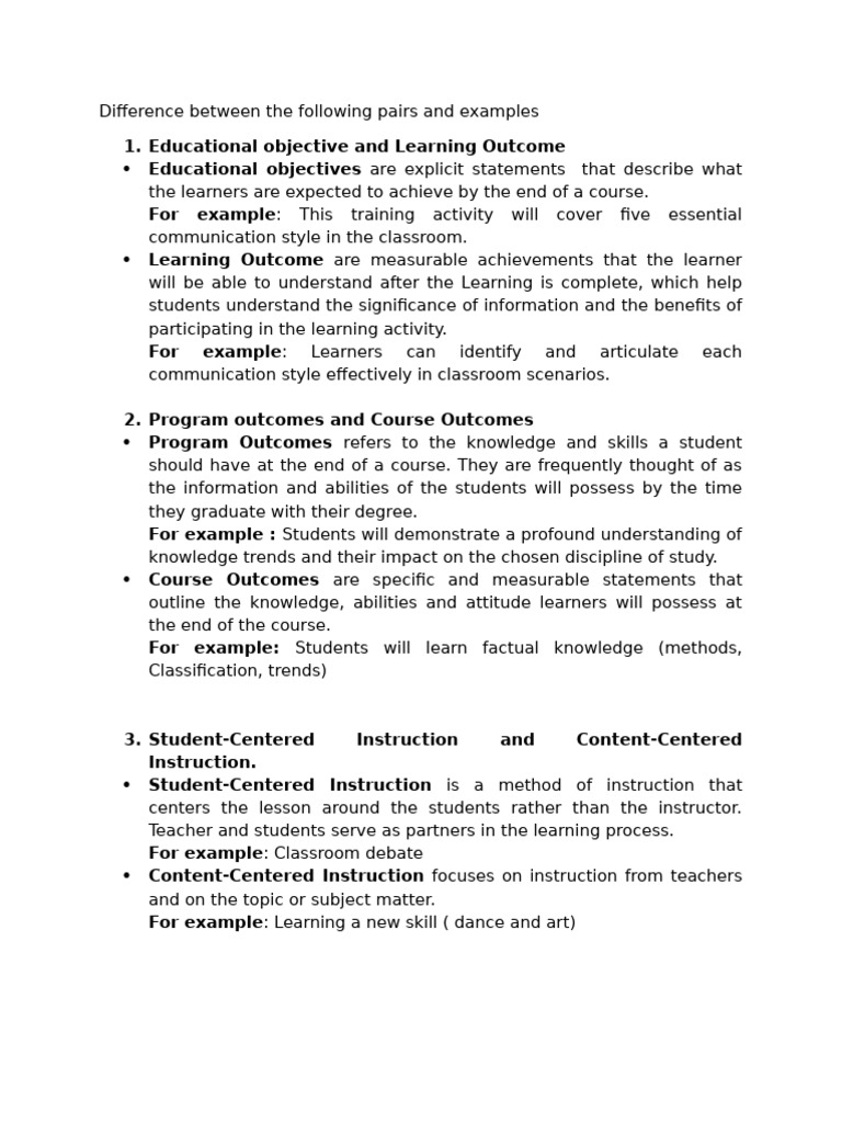 Educational vs. Learning Outcomes Explained | PDF