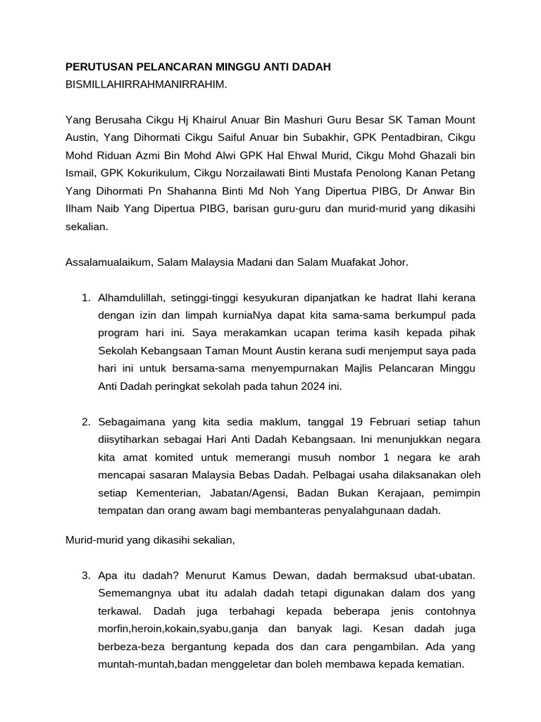 PERUTUSAN PELANCARAN MINGGU ANTI DADAH | PDF