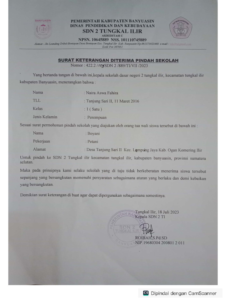 Surat Diterima Pindah NAIRA ASWA F. | PDF
