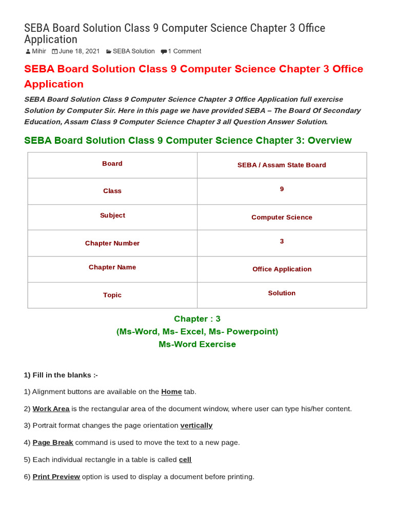 SEBA Board Solution Class 9 Computer Science Chapter 3 Office Application | PDF | Microsoft ...
