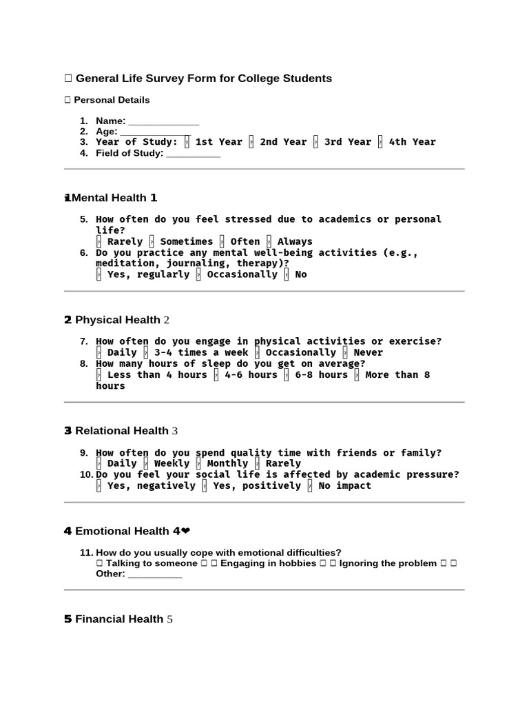 ? General Life Survey Form For College Students | PDF | Mental Health ...