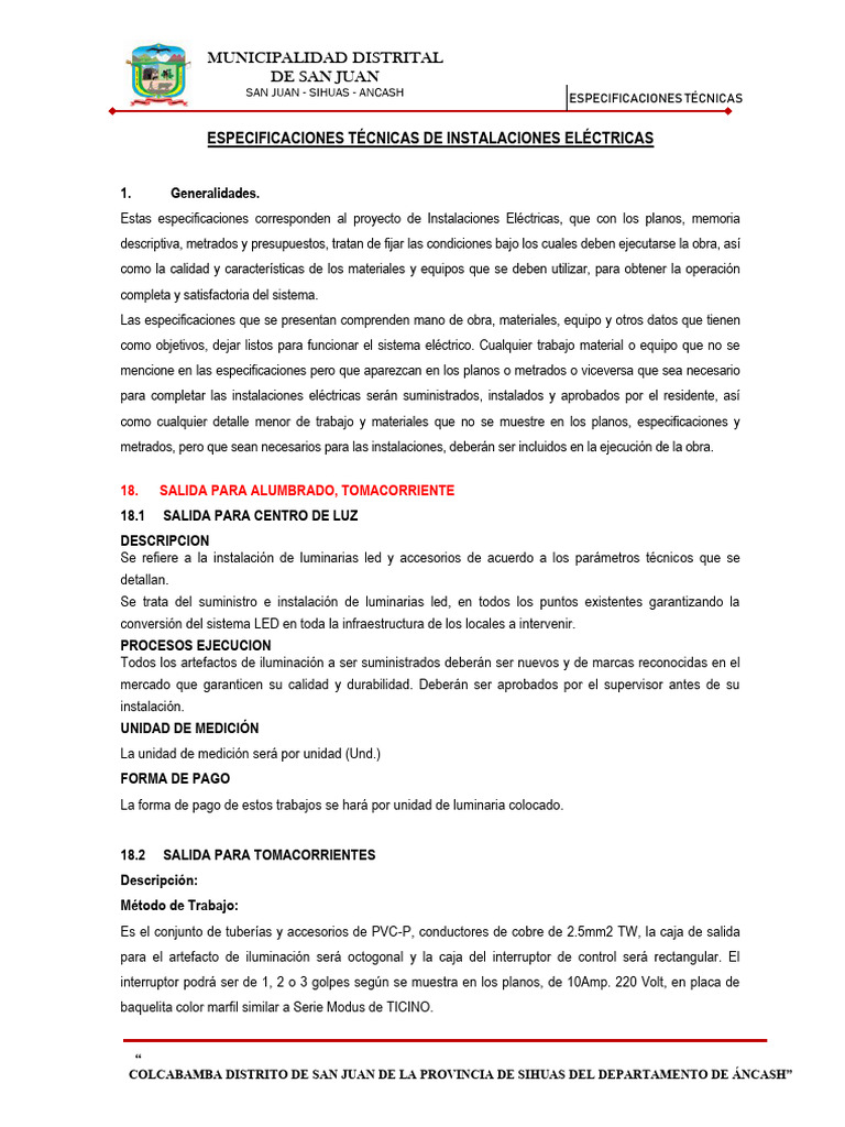 3.3 ESPECIFICACIONES TECNICAS INSTALACIONES ELECTRICAS | PDF | Aislador (Electricidad) | Cambiar