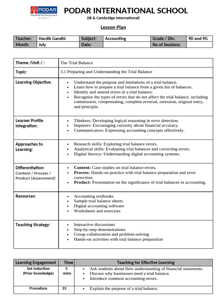 Accounting Lesson Plan: Trial Balance & Errors | PDF | Banks | Learning
