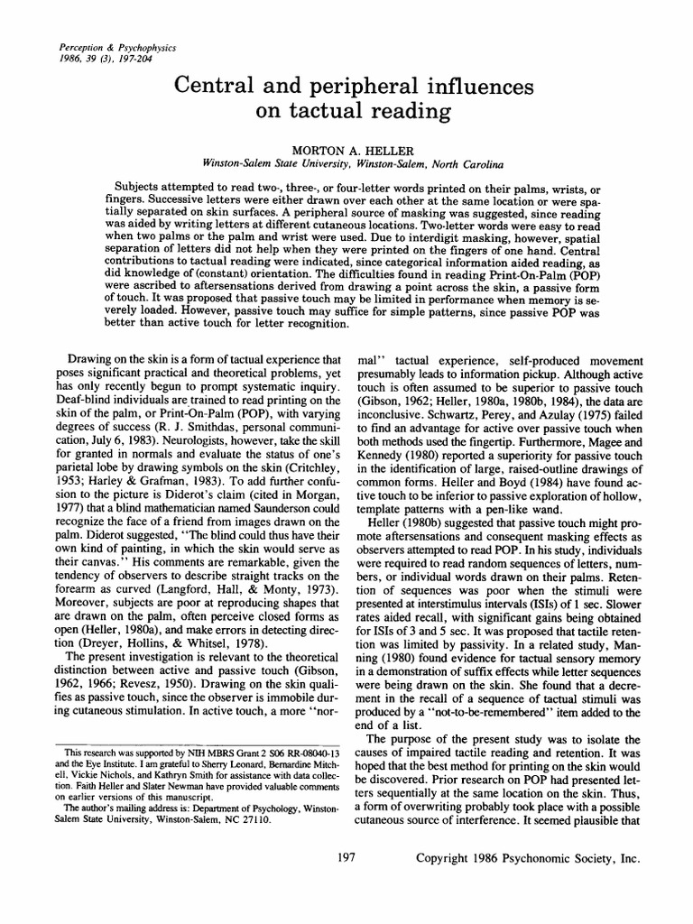 Central and peripheral influences on tactual reading | PDF | Experiment ...