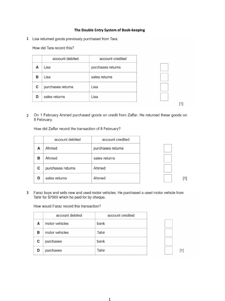 Double Entry Book Keeping - MCQ - Worksheet | PDF