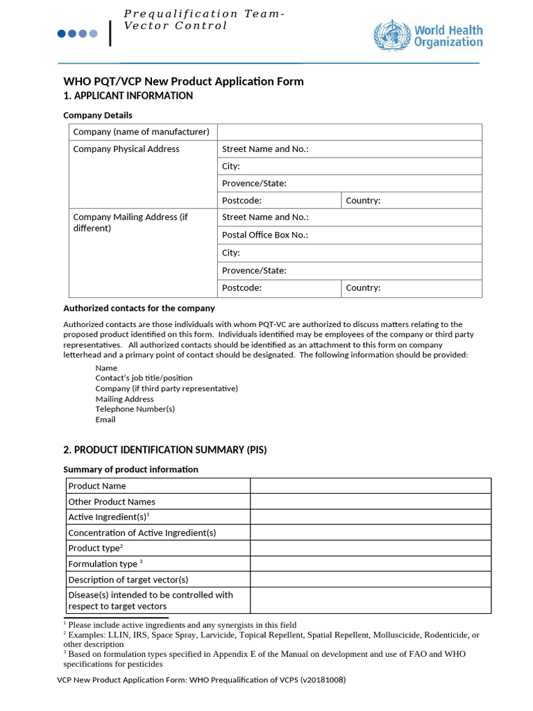 PQT-VCP ProductApplicationForm | PDF | World Health Organization