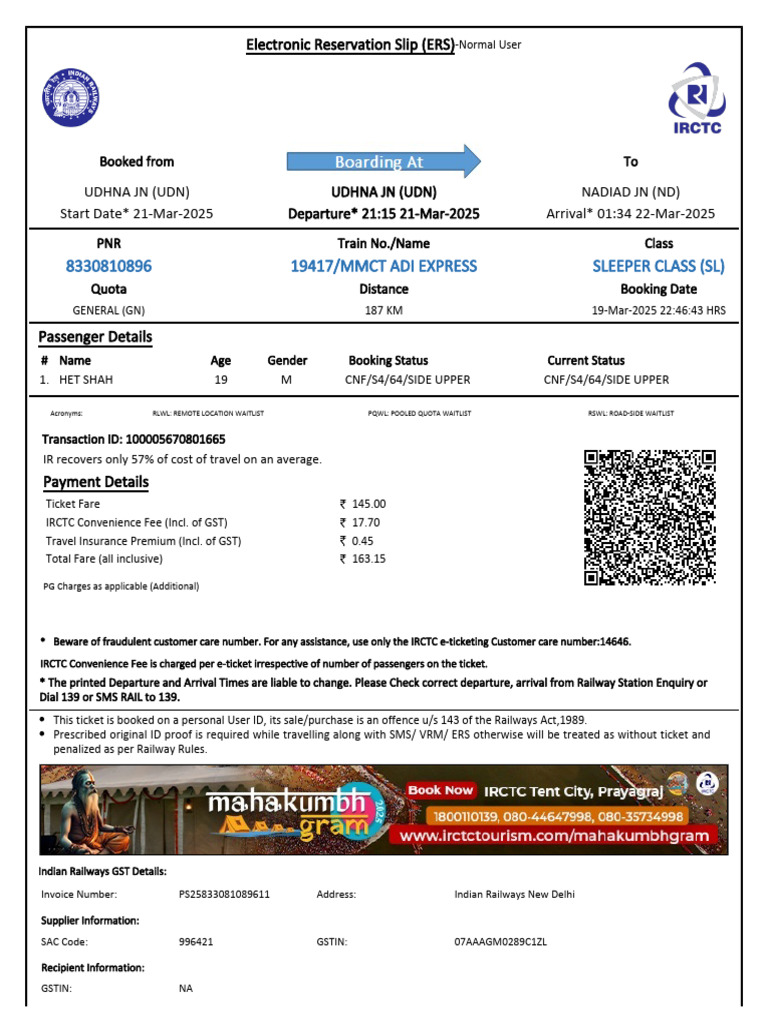Electronic Reservation Slip for Train Booking | PDF | Identity Document ...