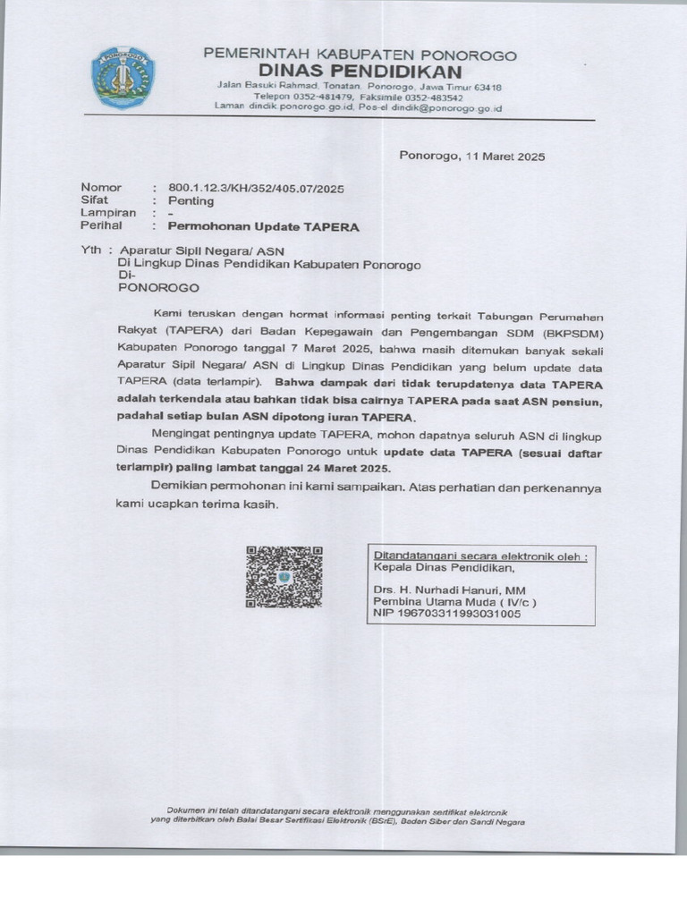 Surat Edaran Permohonan Update TAPERA | PDF