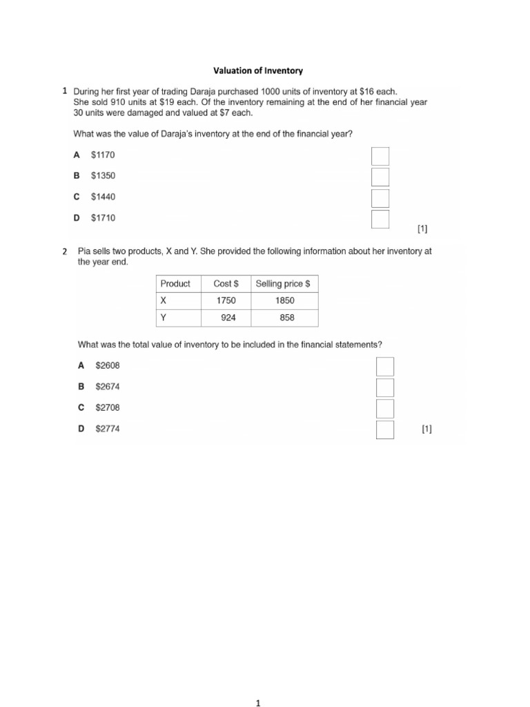 Valuation of Inventory - MCQ - Worksheet | PDF