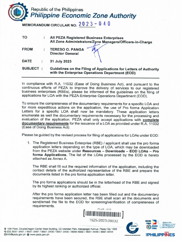 PEZA Memorandum-Circular No.2023-040 Guidelines - On - The - Filing ...
