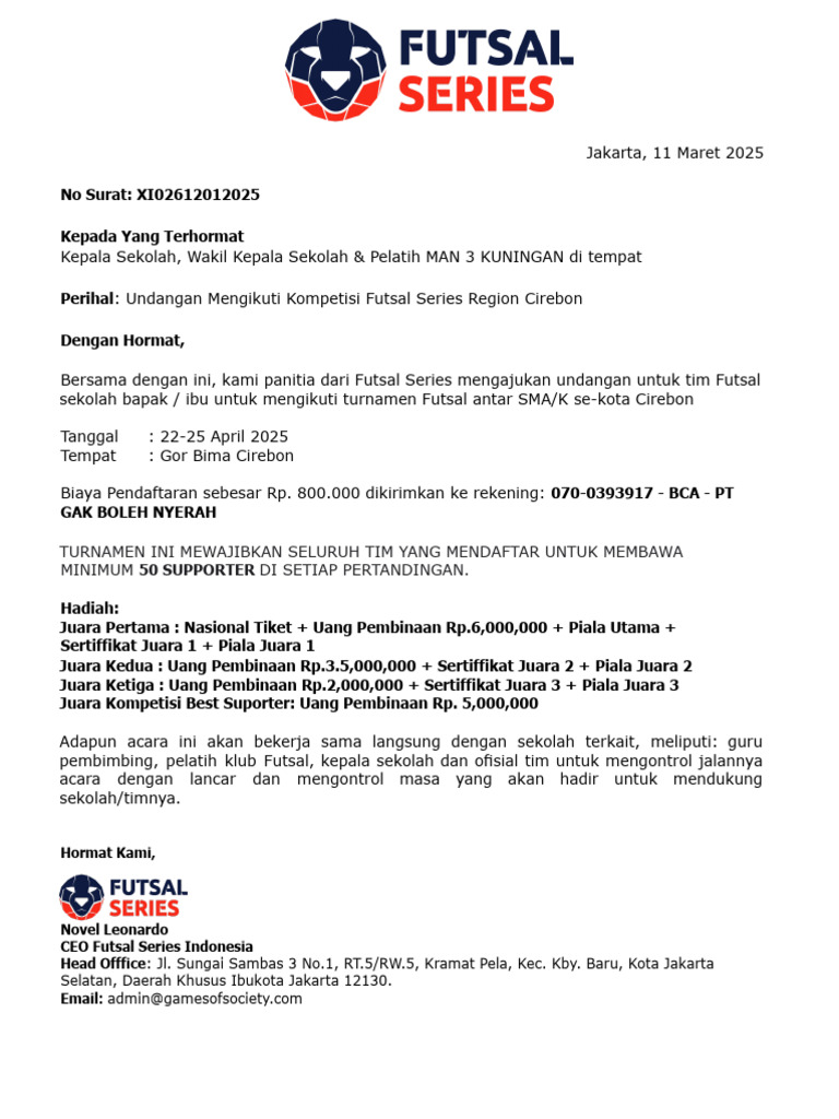 Undangan Kompetisi Futsal Cirebon 2025 | PDF