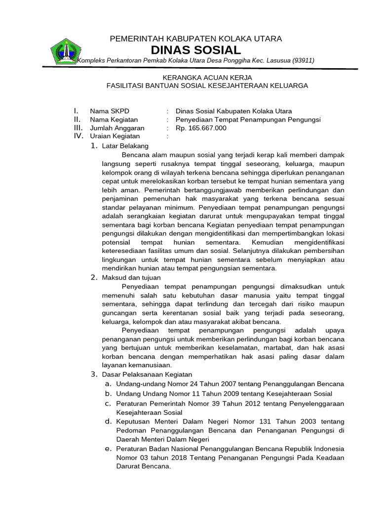 Sub Keg Penyediaan Tempat Penampungan pengungsi-KAK KEGIATAN 2025 | PDF