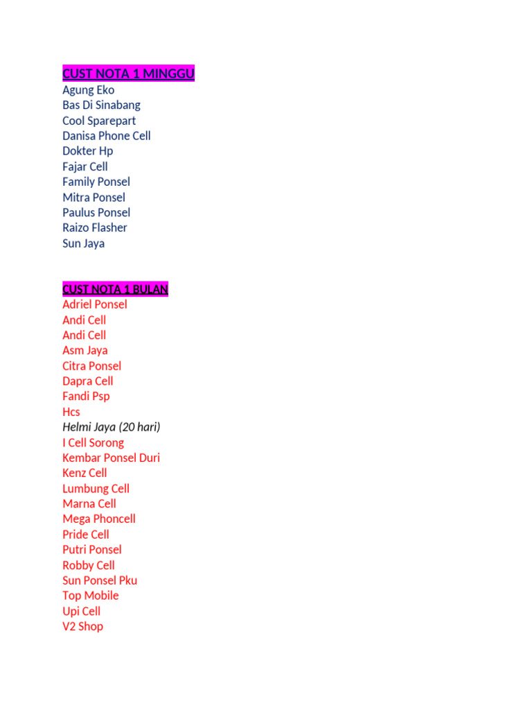 Cust Nota 1 Minggu | PDF