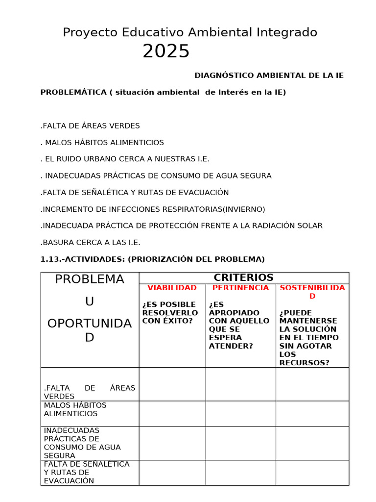 Proyecto Educativo Ambiental Integrado (PEAI) .-2025 | PDF | Plan de ...