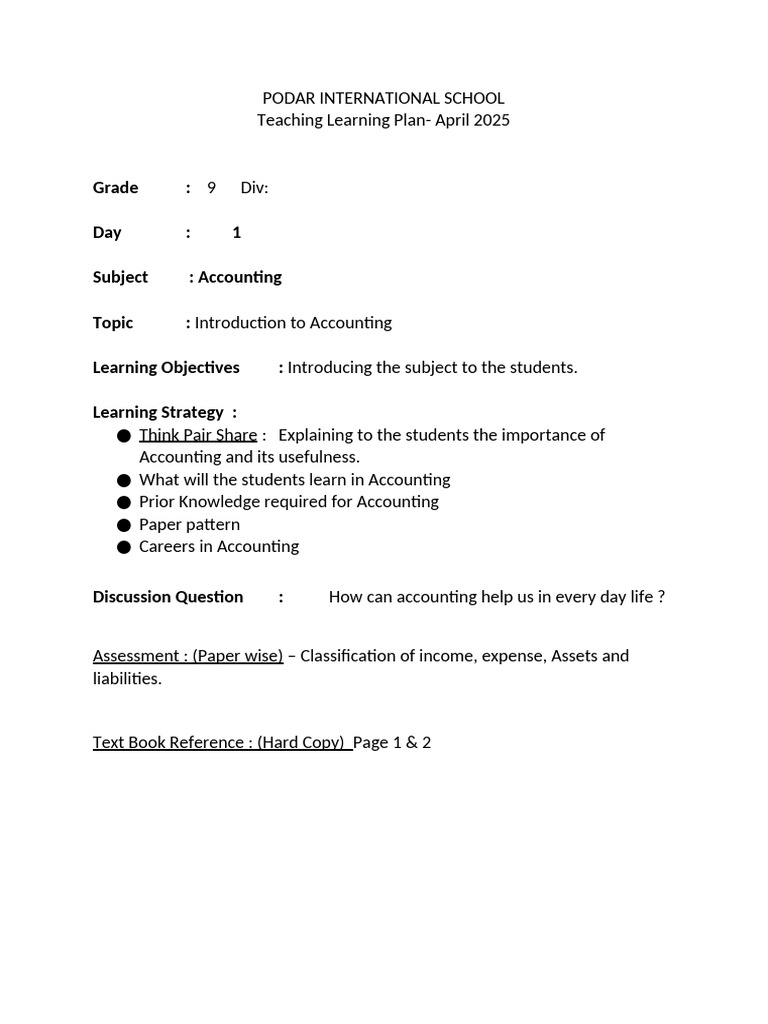Accounting-Teaching Learning Plan | PDF | Debits And Credits | Bookkeeping