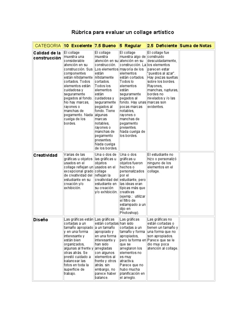 Rúbrica Para Evaluar Un Collage Pdf Collage Creatividad