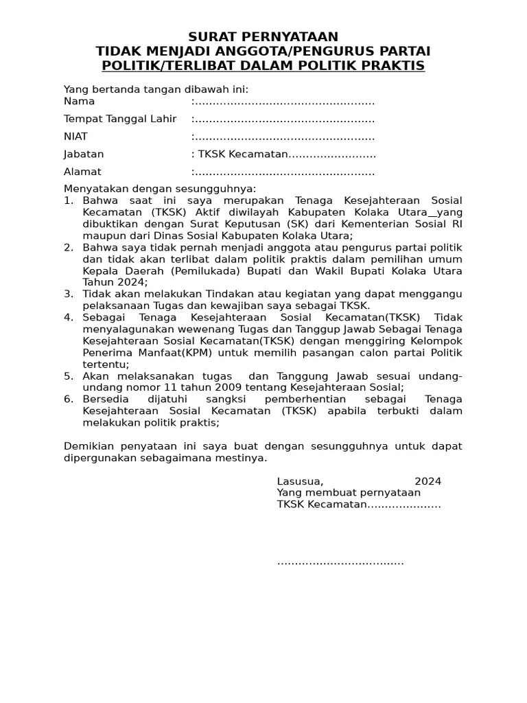 Surat Pernyataan TKSK 2024 | PDF