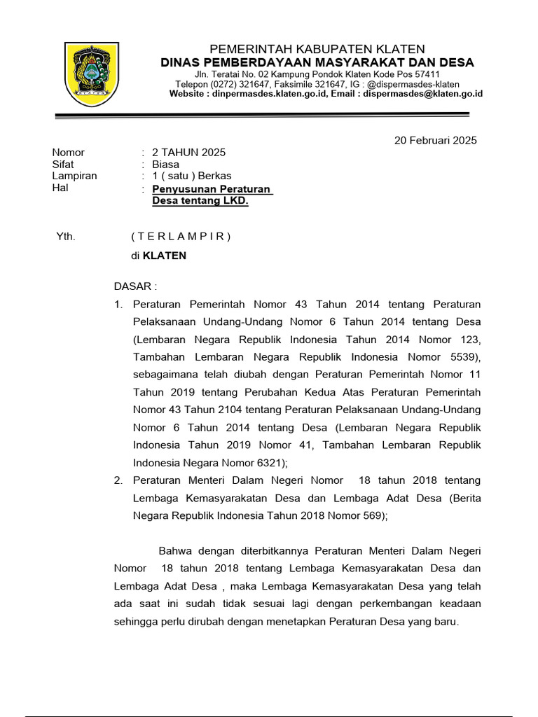 Surat TTG Penyusunan Perdes LKD | PDF
