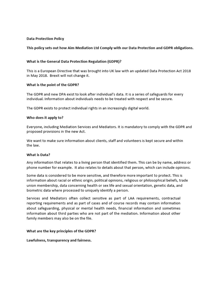 Aim Mediation Data Protection Policy | PDF | Consent | Mediation