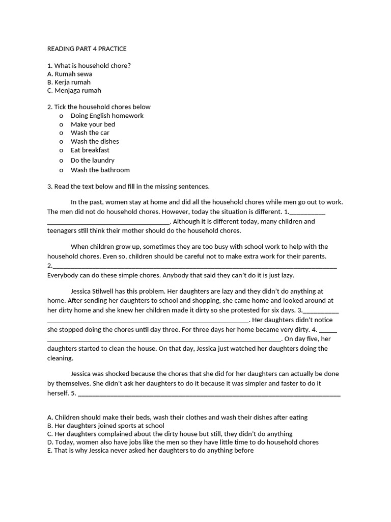 Household Chores Reading Practice | PDF