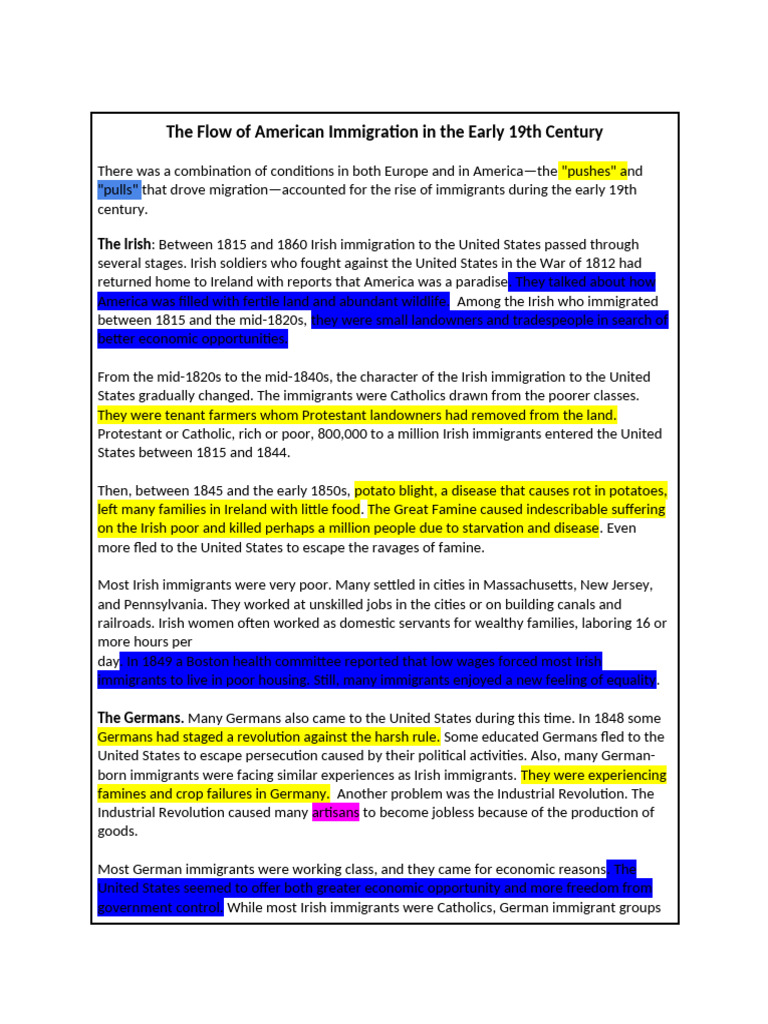 The Flow of American Immigration in The Early 19th Century Student ...