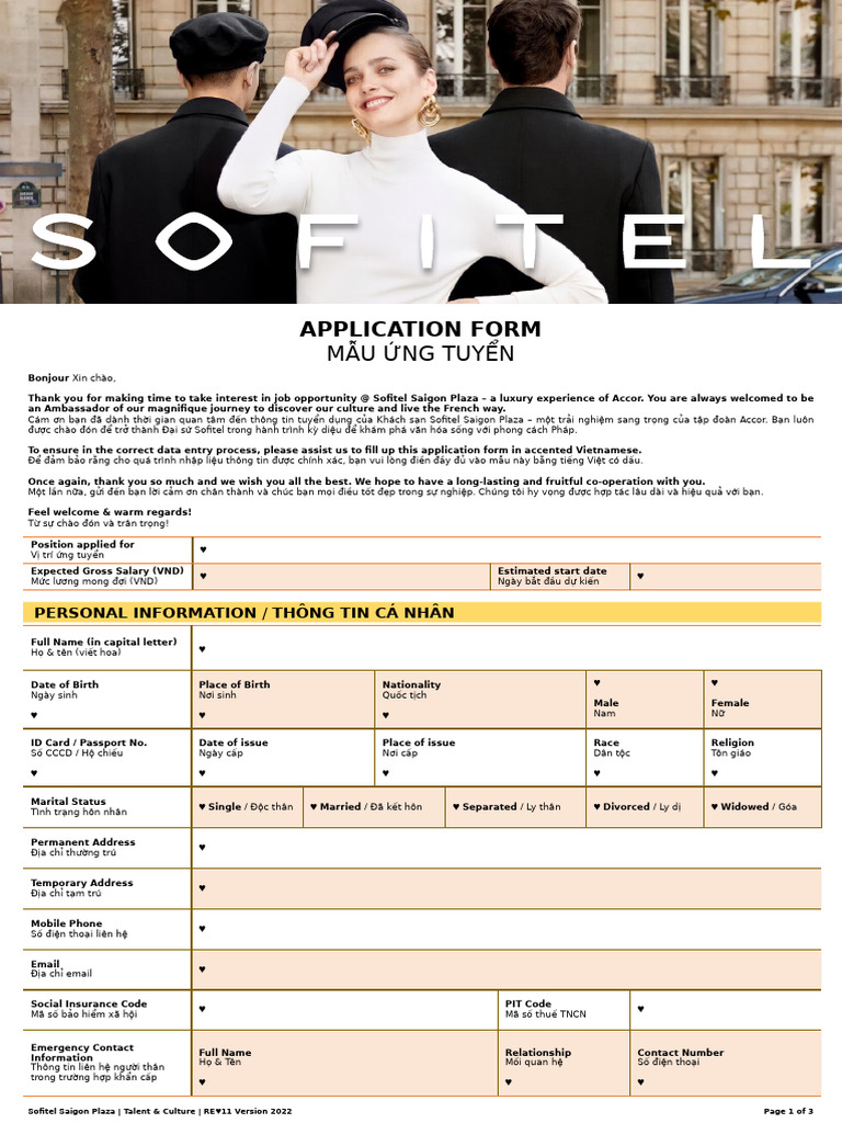Sofitel Saigon Plaza Application For Filling Up | PDF