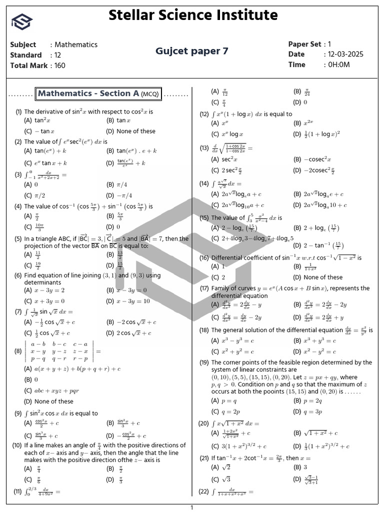 Gujcet Paper 7 1741764495 | PDF | Mathematical Concepts | Mathematical ...