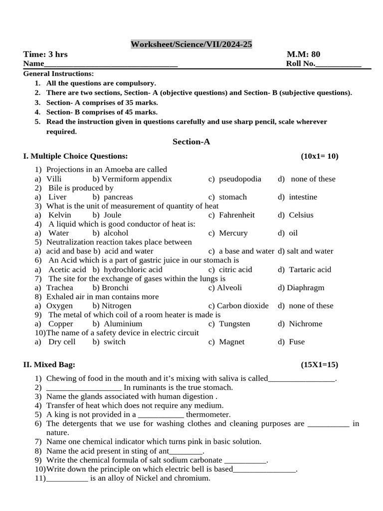 Science Worksheet for Class VII 2024-25 | PDF | Breathing | Hemoglobin