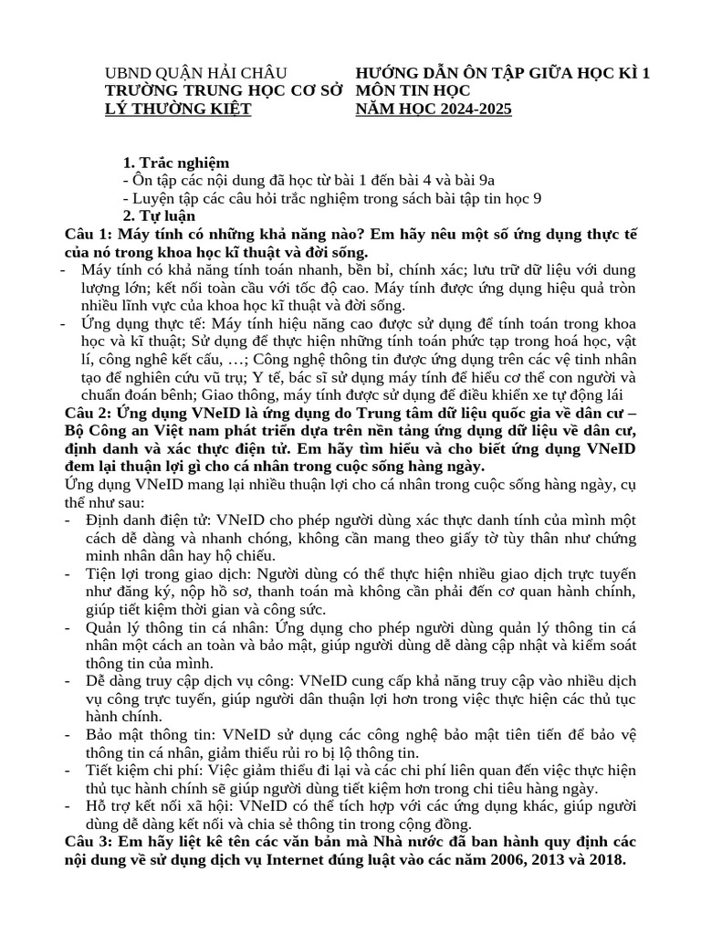 ĐỀ CƯƠNG GIỮA HK1-TIN HỌC | PDF