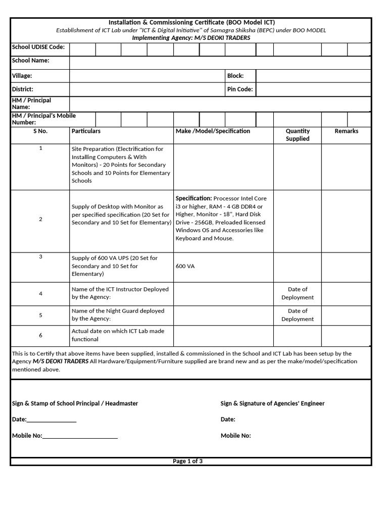 Installation & Commissioning Certificate (BOO Model ICT) | PDF ...